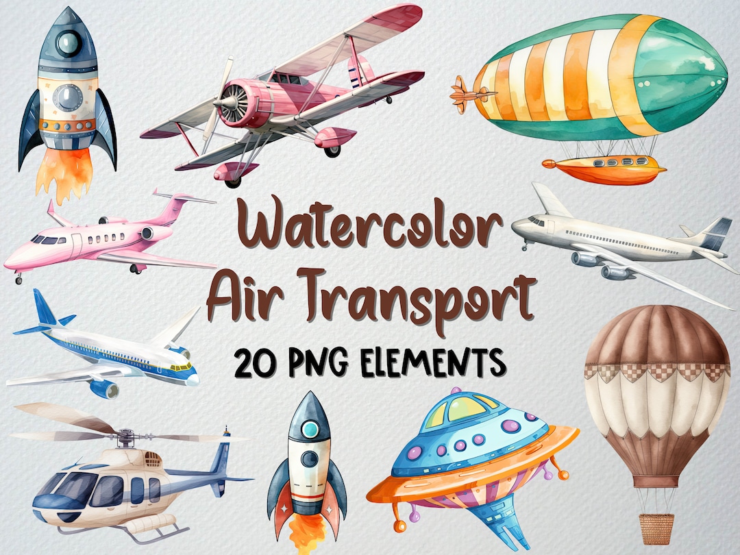 Watercolor Air Transport Clipart Set, Hot Air Ballon Clipart, Airplane ...