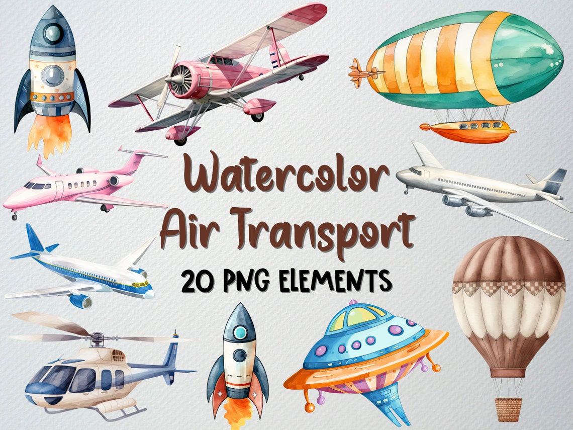 Watercolor Air Transport Clipart Set, Hot Air Ballon Clipart, Airplane ...