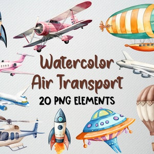 Watercolor Air Transport Clipart Set, Hot Air Ballon Clipart, Airplane ...