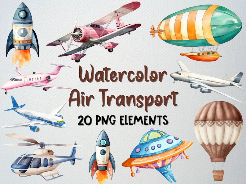 Watercolor Air Transport Clipart Set, Hot Air Ballon Clipart, Airplane ...
