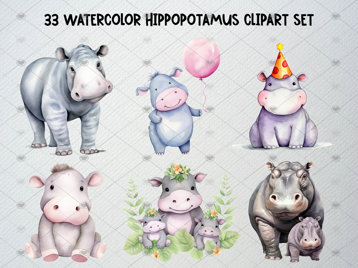 Watercolor Hippo Clipart Set of 33 PNG, Hippopotamus Clipart, Baby ...