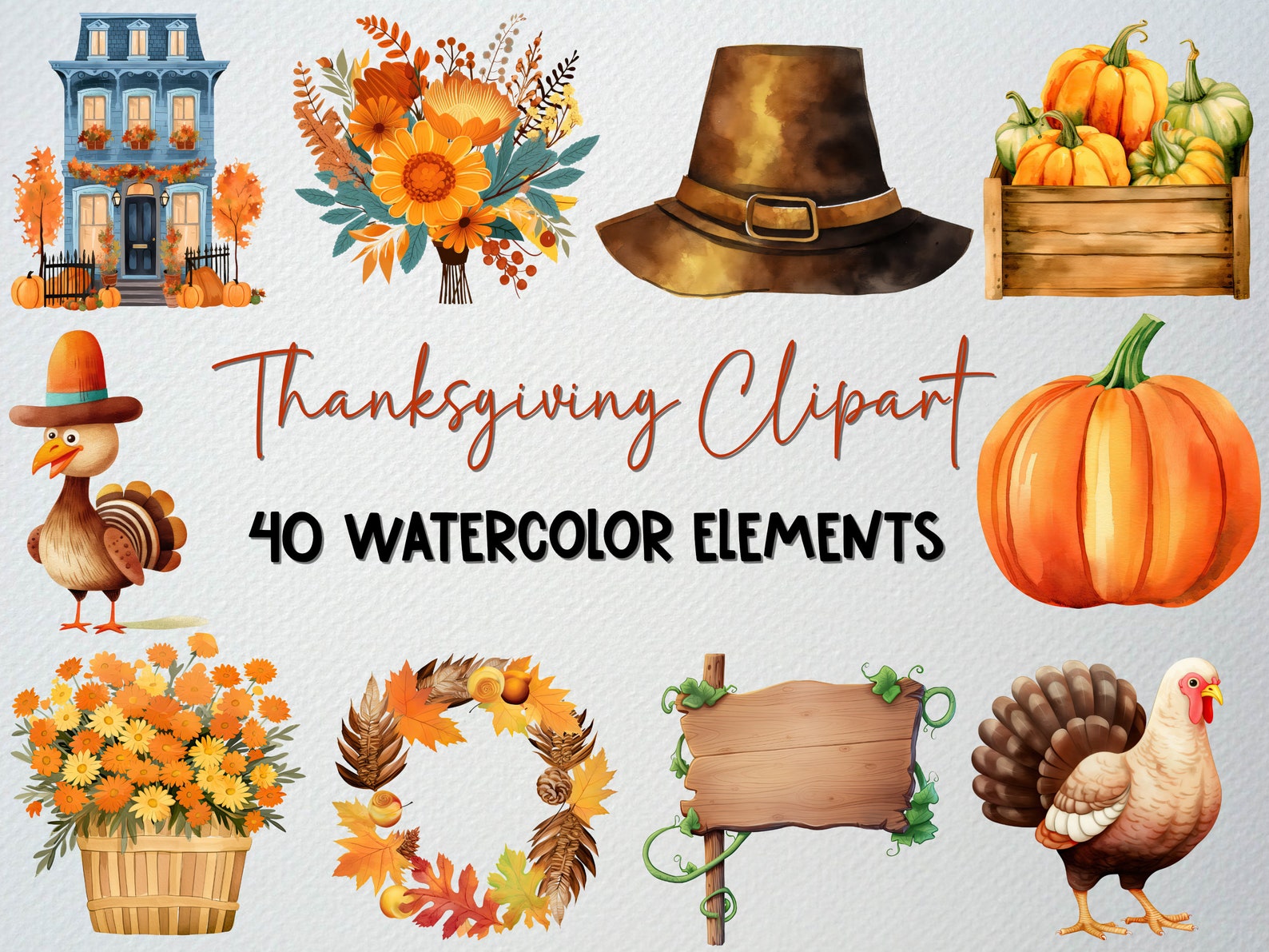 Watercolor Thanksgiving Clipart Set of 40 PNG Files, Fall Clipart ...