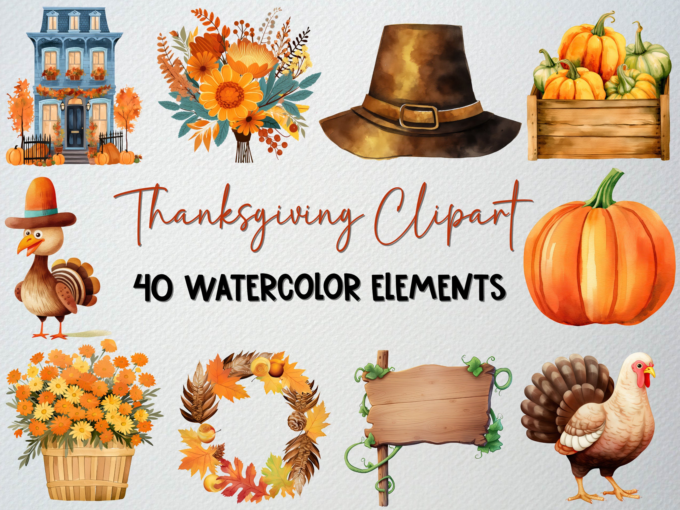 Watercolor Thanksgiving Clipart Set of 40 PNG Files, Fall Clipart ...