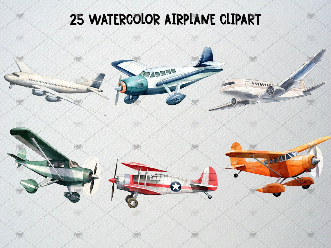 Watercolor Airplane Clipart Set: 25 PNG Transport Illustrations ...