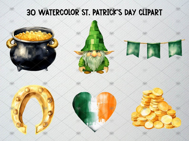 Watercolor St. Patrick's Day Clipart Set of 30 PNG Files, Clover ...