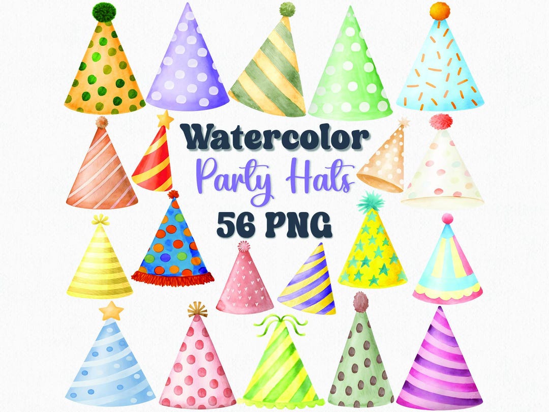 Watercolor Party Hats Clipart Set, 56 PNG Files, Birthday Hat ...