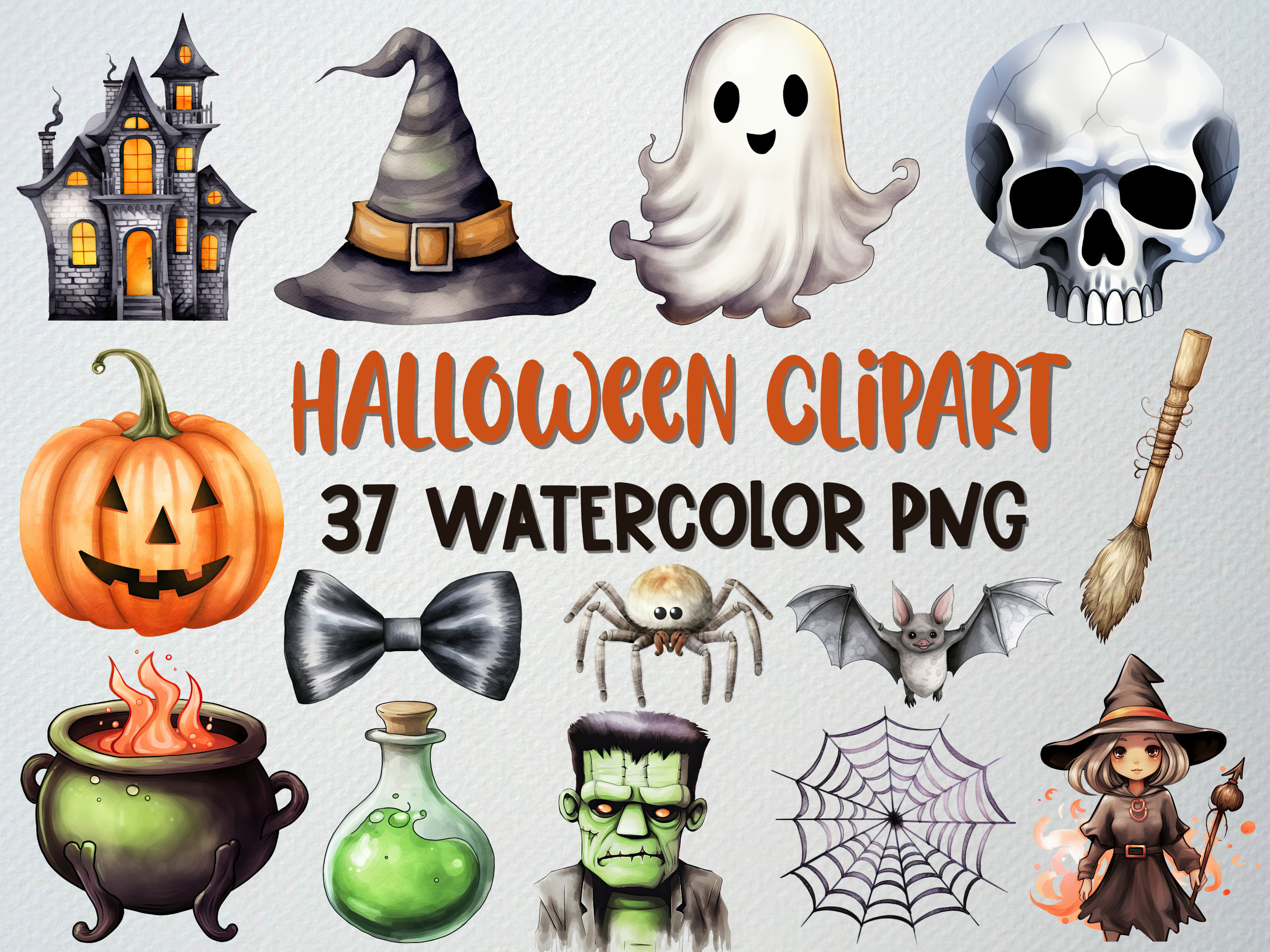Watercolor Halloween Clipart Set of 37 PNG Files, Witch Clipart, Spooky ...