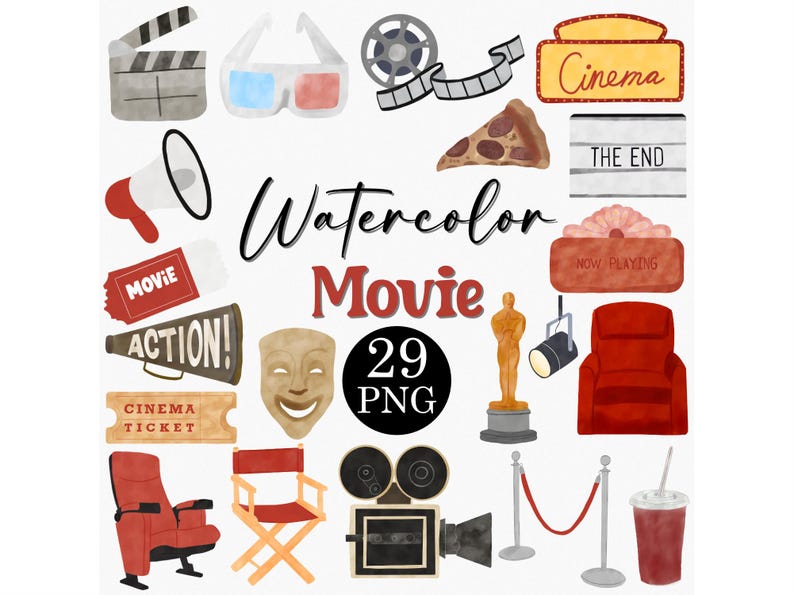 Watercolor Movie Clipart Set of 29 PNG Files, Cinema Clipart, Theatre ...