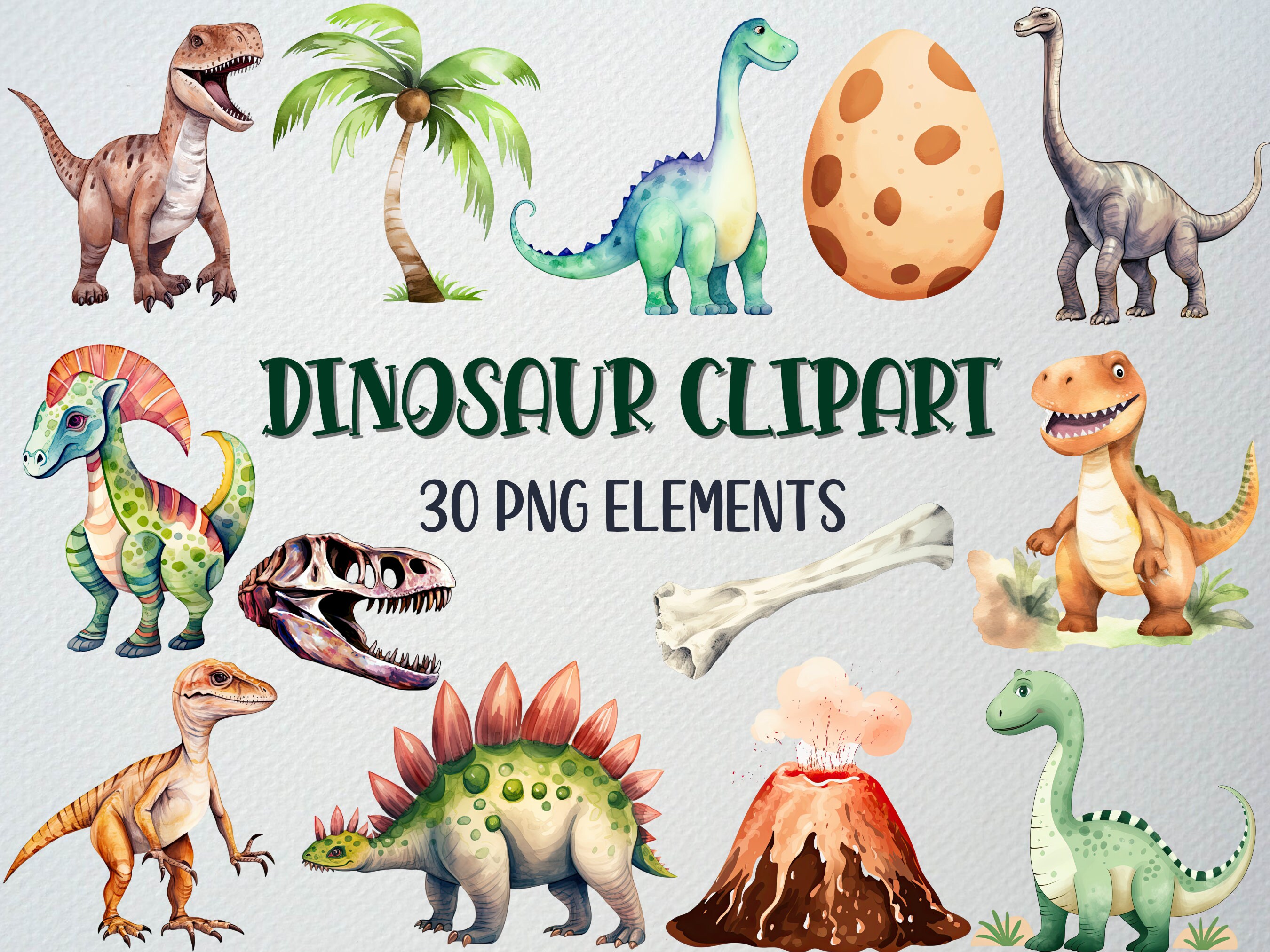 Watercolor Dinosaur Clipart Set of 30 PNG Files, Dino Clipart, Cute ...