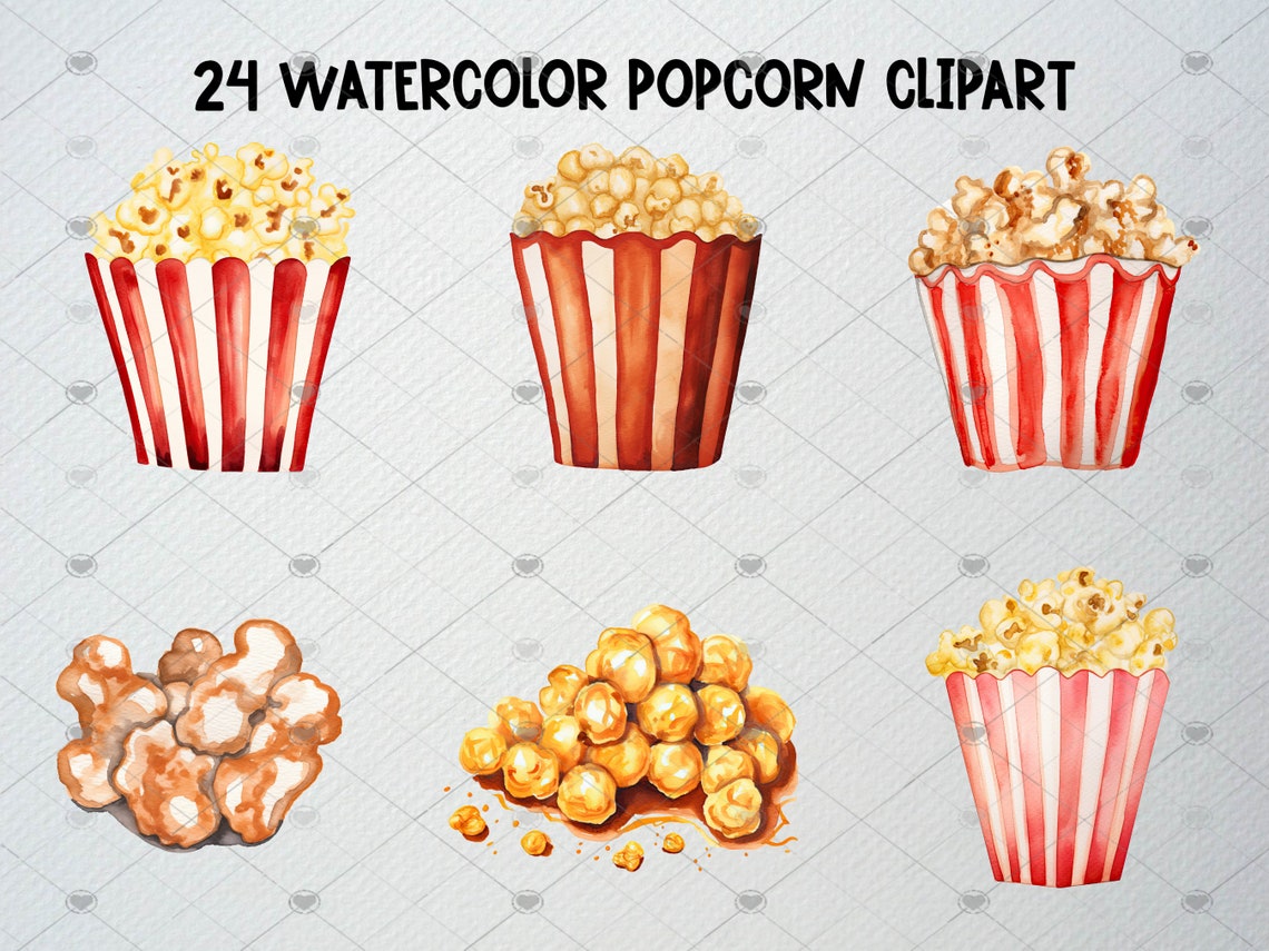 Watercolor Popcorn Clipart Set of 24 PNG Files, Popcorn Bucket Clipart ...