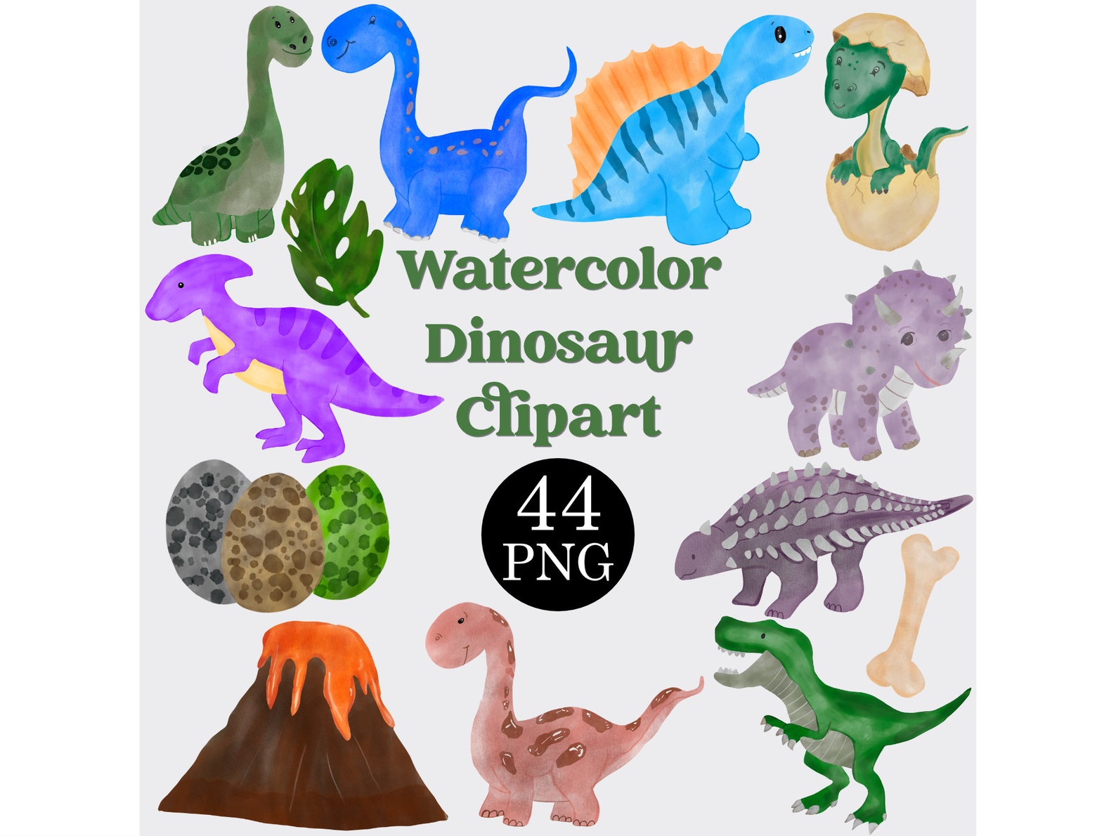 Watercolor Dinosaur Clipart Set of 44 PNG Files, Dino Clipart, Cute ...