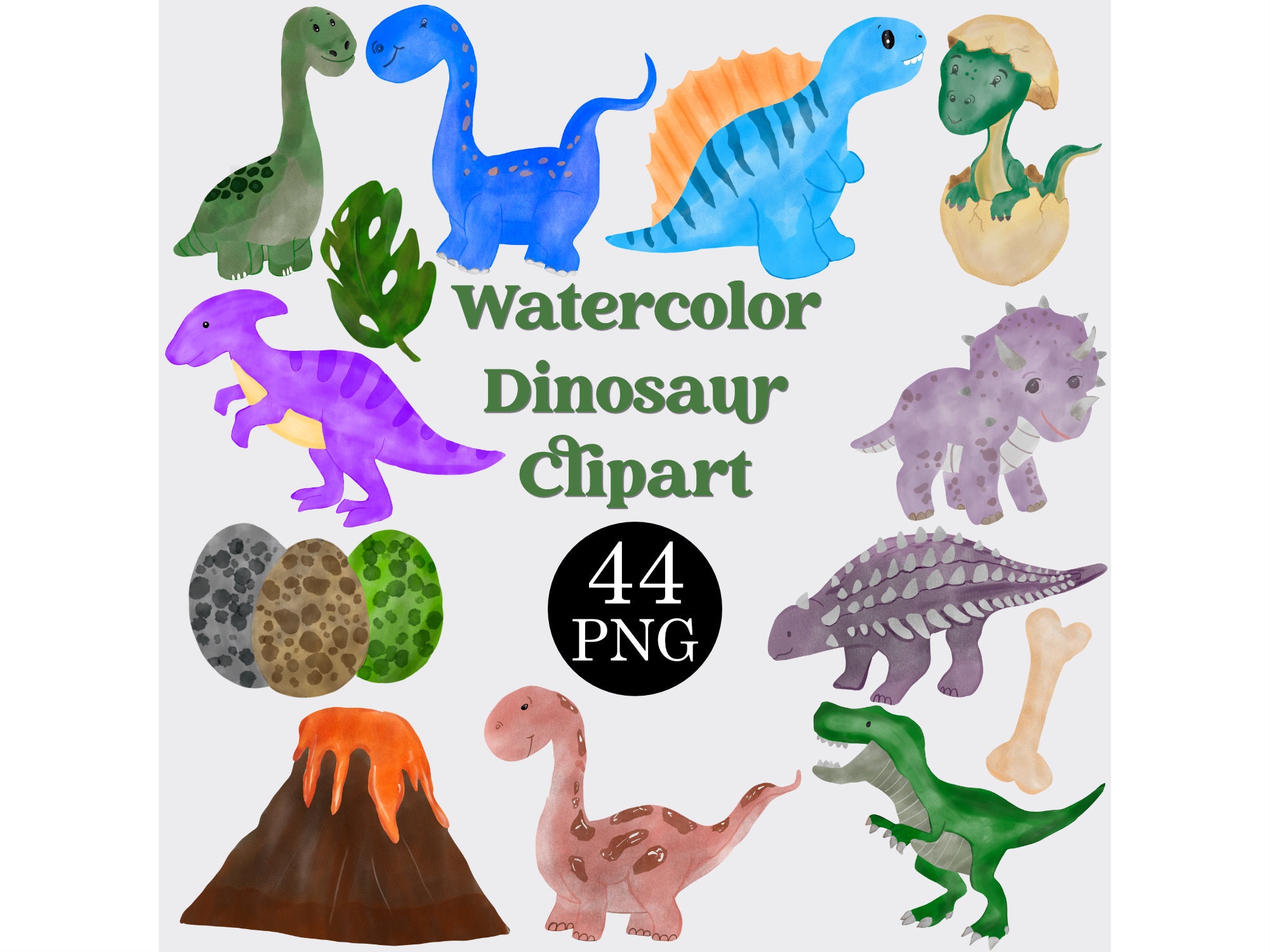 Watercolor Dinosaur Clipart Set of 44 PNG Files, Dino Clipart, Cute ...