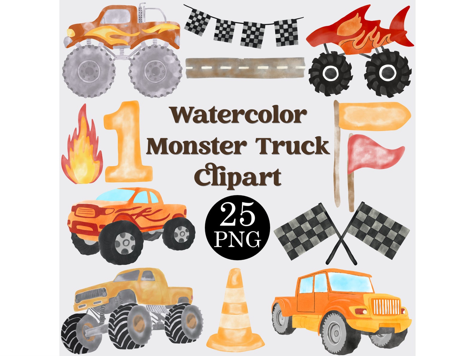 Watercolor Monster Truck Clipart Set of 25 PNG, Trucks Clipart, off ...