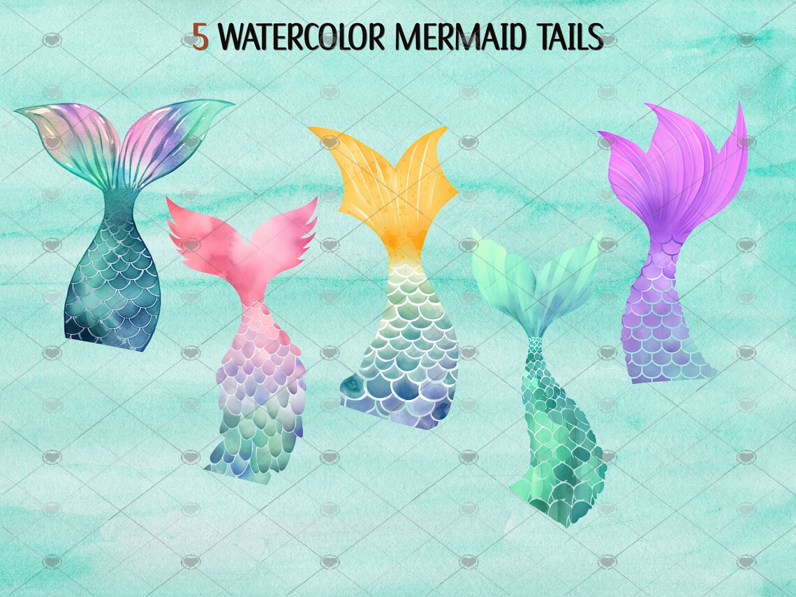 Watercolor Mermaid Clipart Set of 50 PNG Files, Little Mermaid Clipart ...