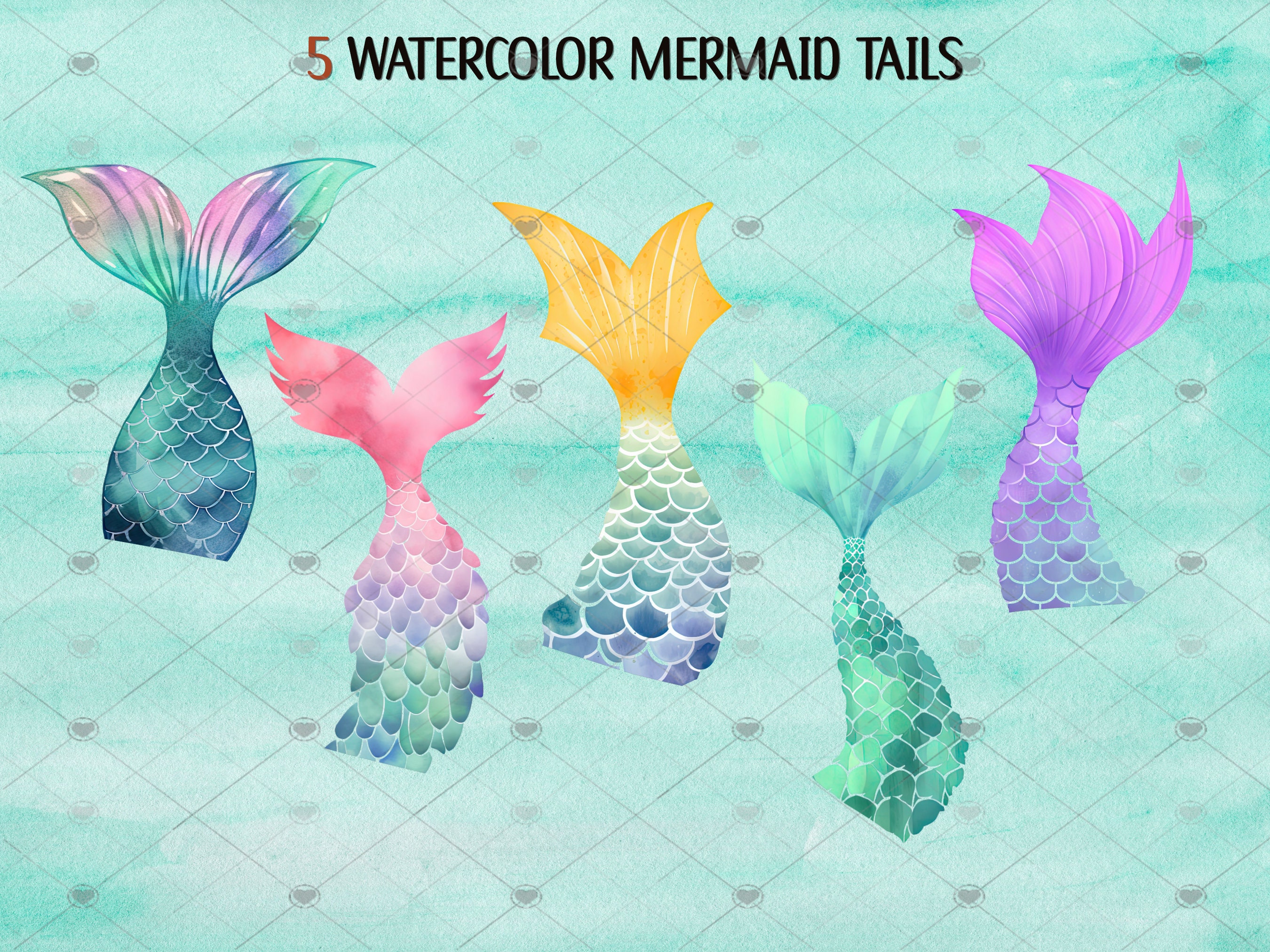 Watercolor Mermaid Clipart Set of 50 PNG Files, Little Mermaid Clipart ...