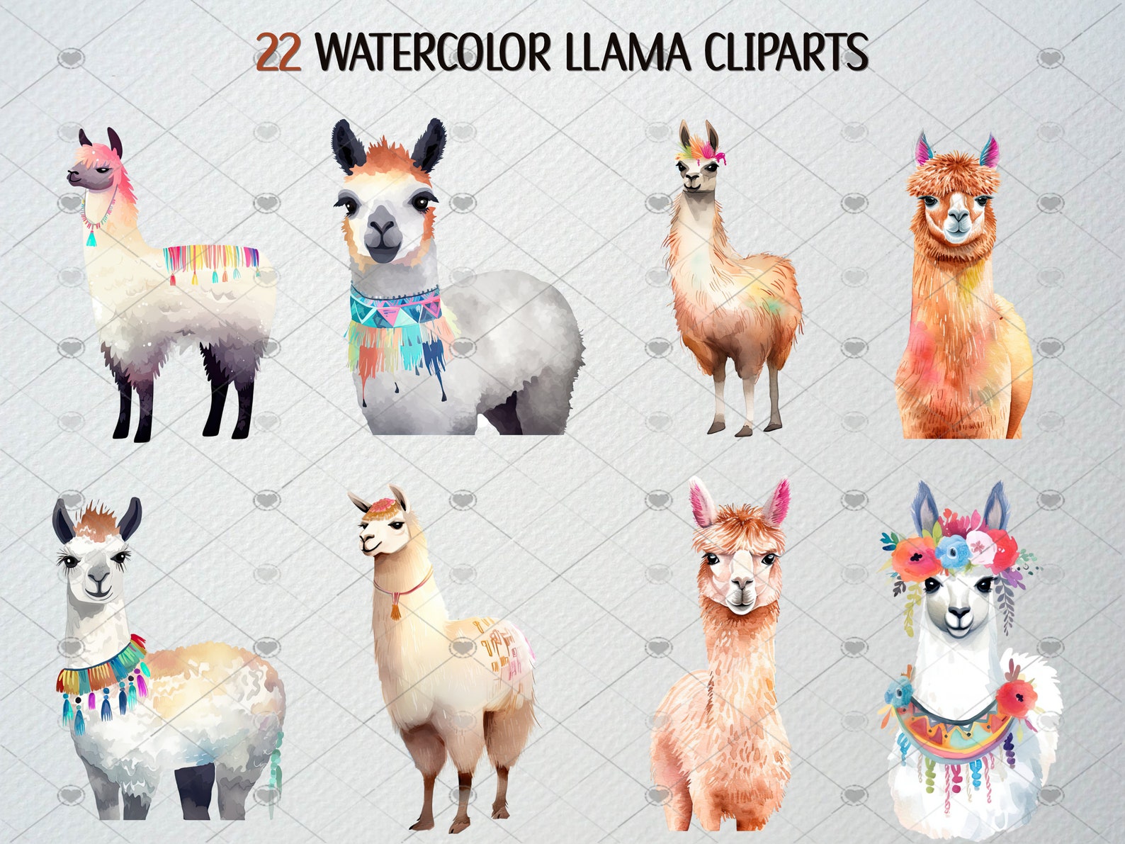Llama Clipart, Hand Drawn Watercolor Llama Clipart Set of 43 PNG Files ...