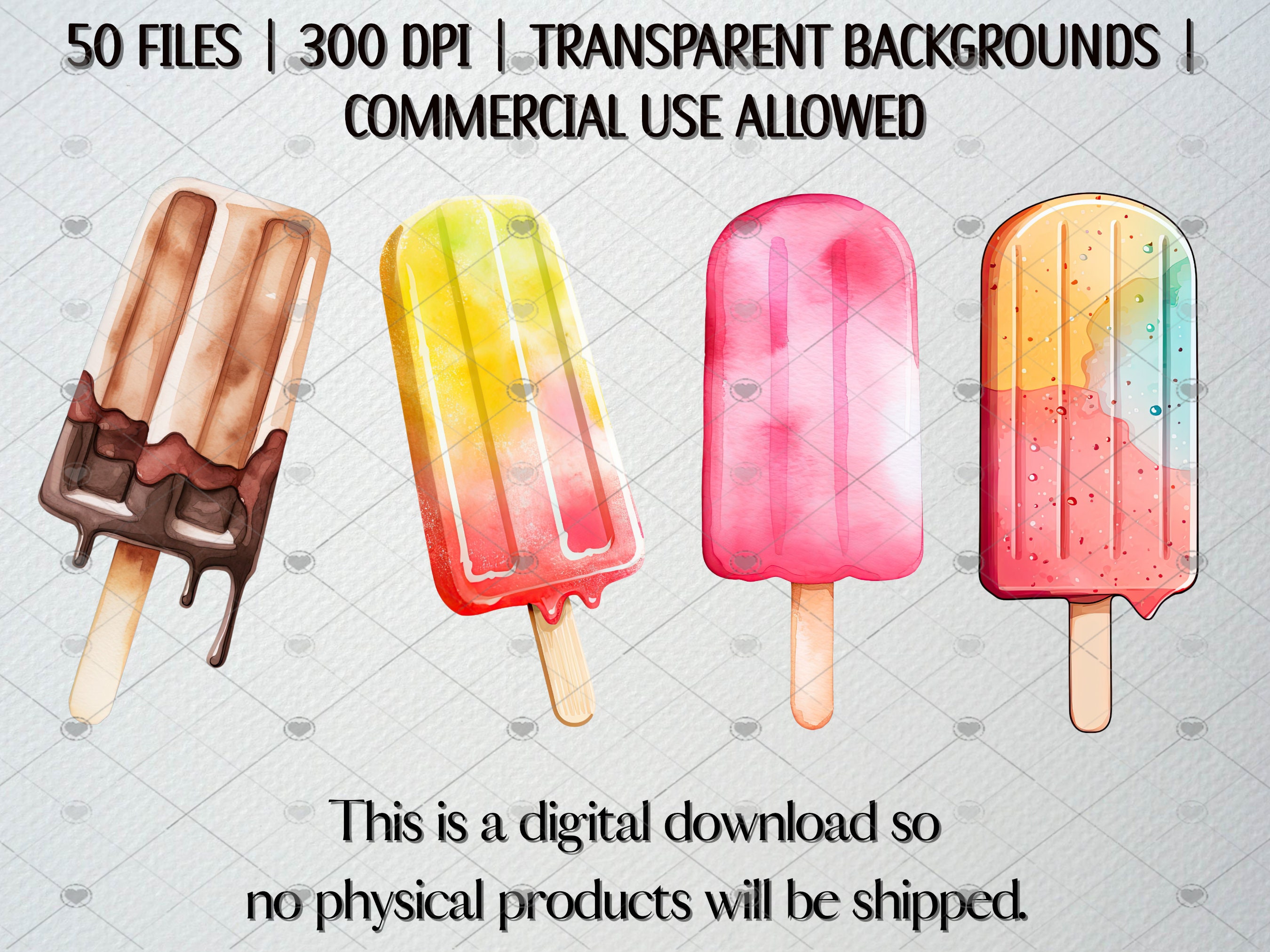 Watercolor Popsicle Clipart Set of 50 PNG Files, Ice Cream Clipart ...