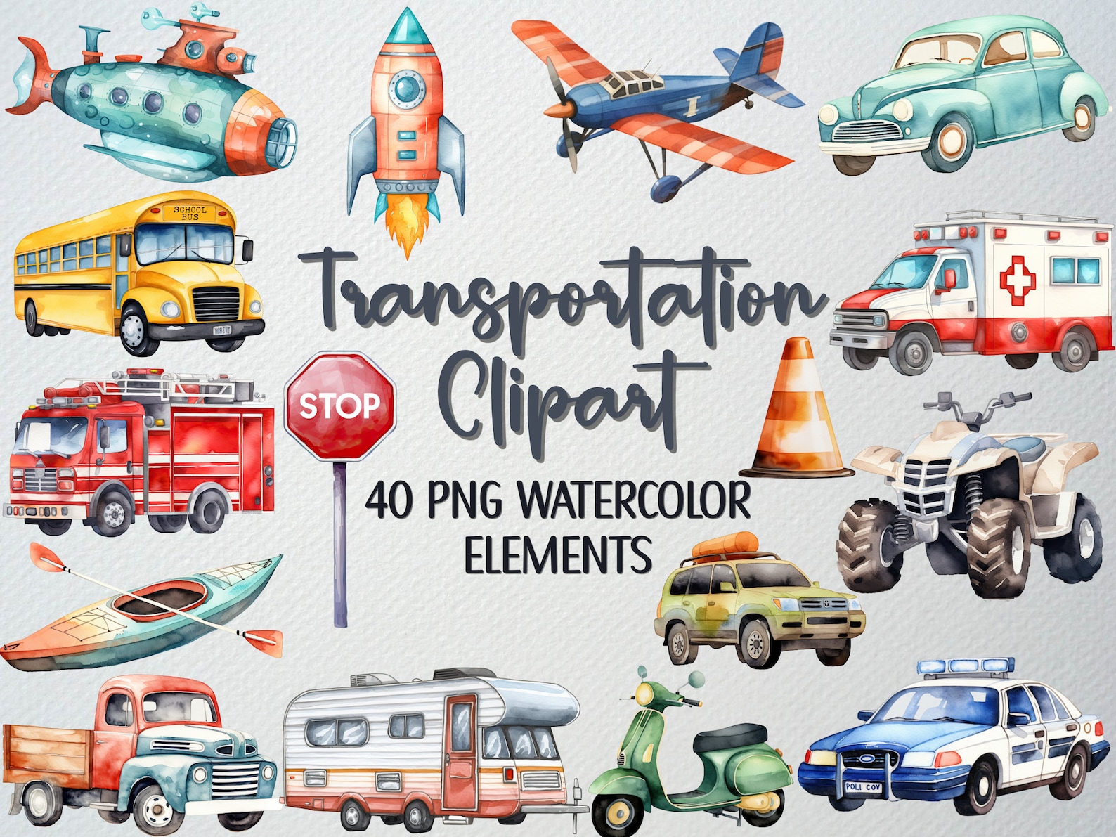 Watercolor Transportation Clipart Set of 40 PNG Files, Vehicles Clipart ...