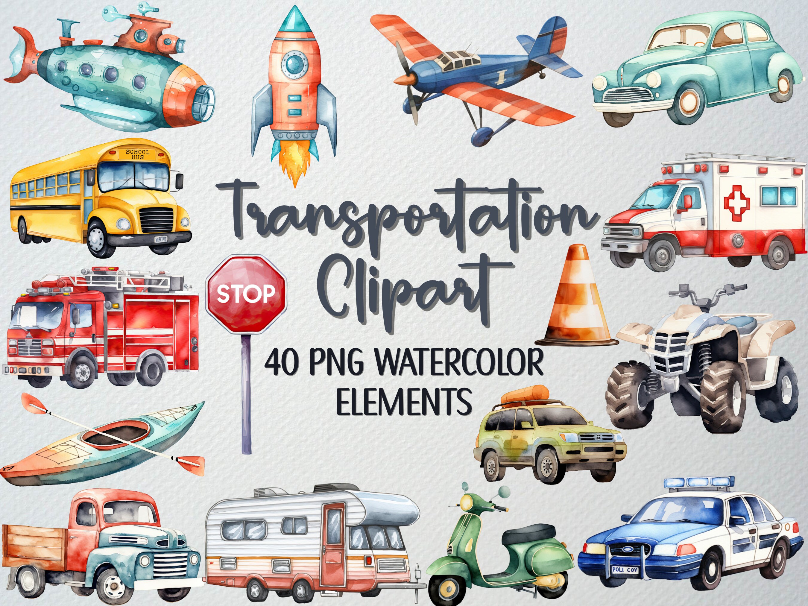 Watercolor Transportation Clipart Set of 40 PNG Files, Vehicles Clipart ...