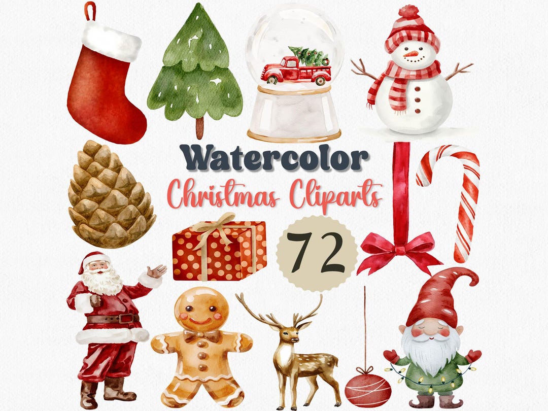 Watercolor Christmas Clipart Set: 72 PNG Holiday Illustrations (digital ...