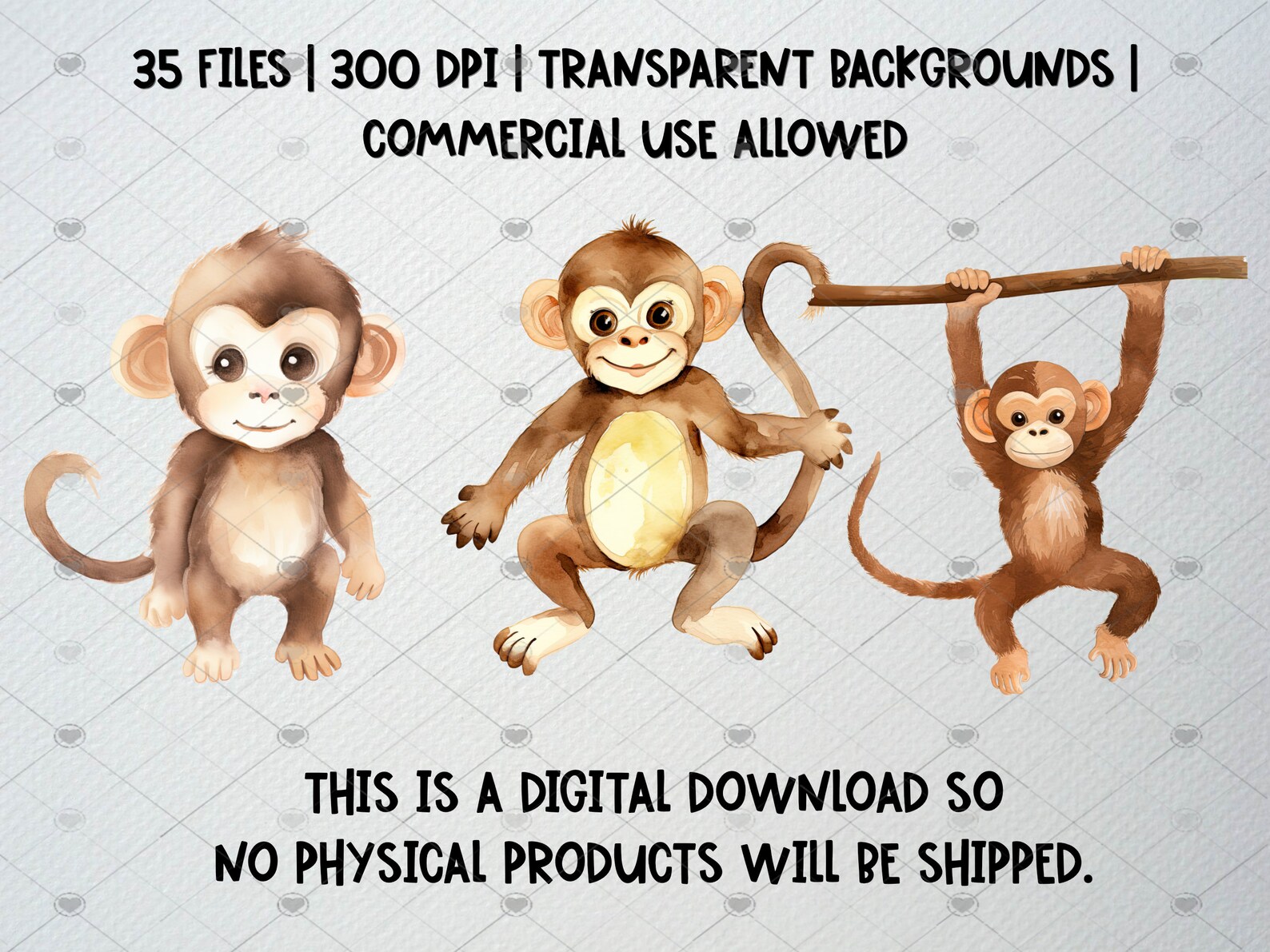 Watercolor Monkey Clipart Set of 35 PNG Files, Cute Monkey Clipart, Zoo ...