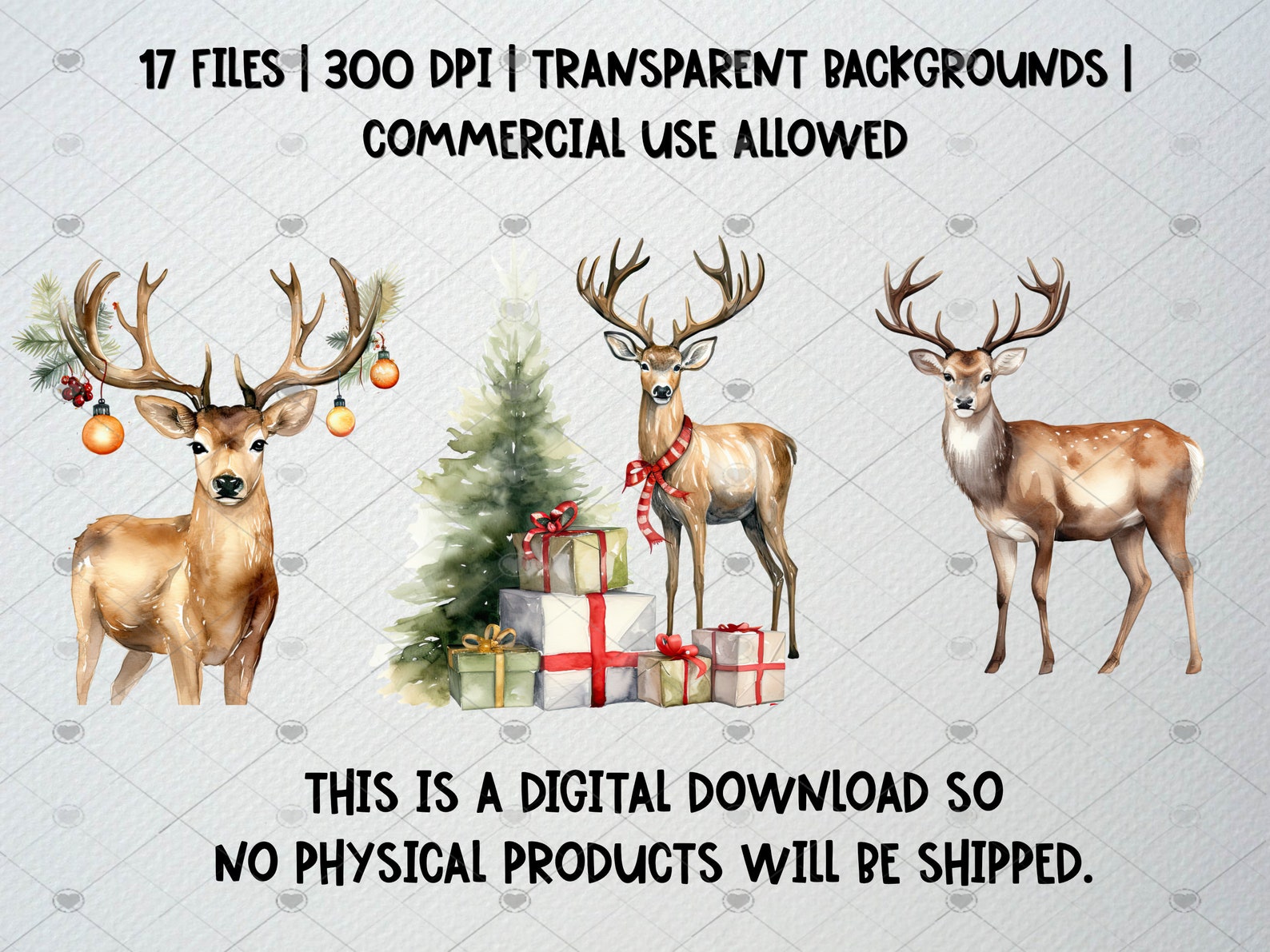 Watercolor Reindeer Clipart Set of 17 PNG Files, Christmas Clipart ...