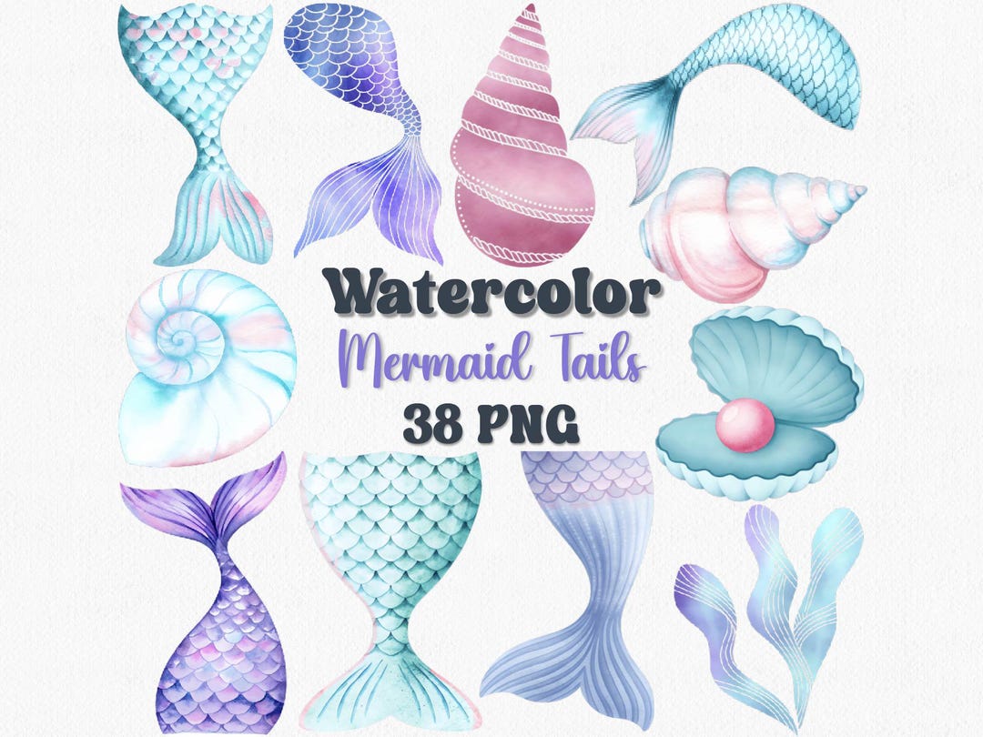 Watercolor Mermaid Tail Clipart: 38 Pastel PNG Files for Crafts ...