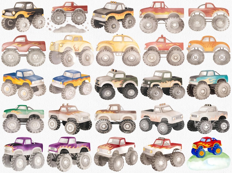Watercolor Monster Truck Clipart Set: Party & Scrapbooking Graphics ...