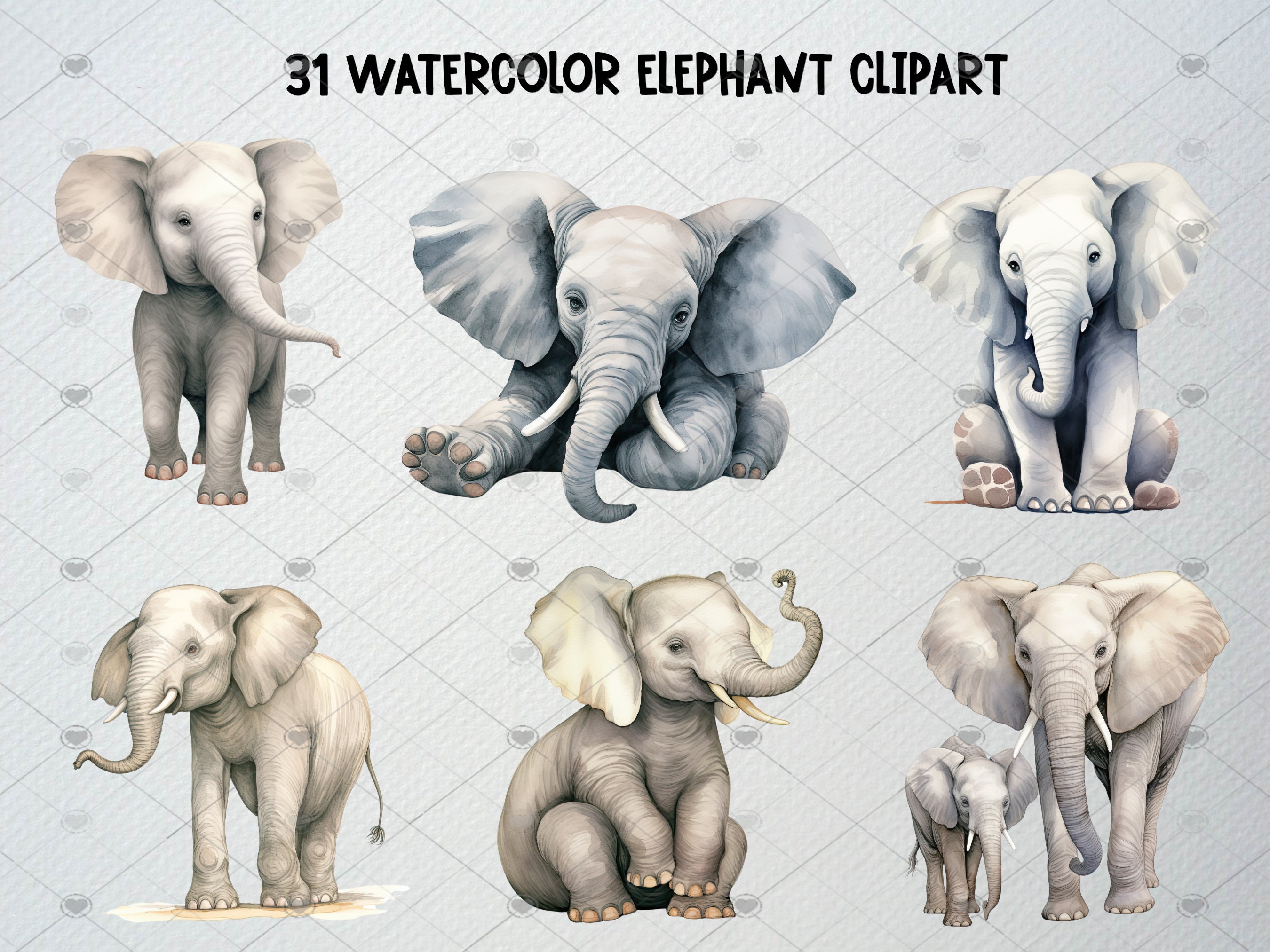 Watercolor Elephant Clipart Set of 31 PNG Files, Elephant Illustration ...