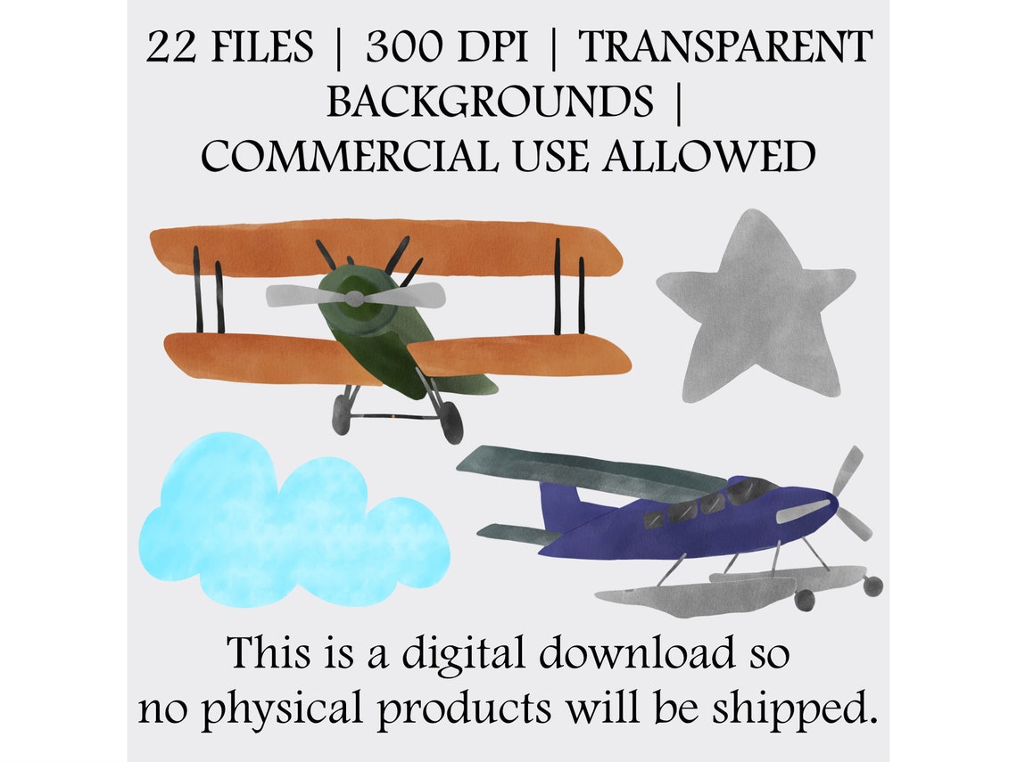 Watercolor Airplane Clipart Set of 22 PNG Files, Travel Clipart ...