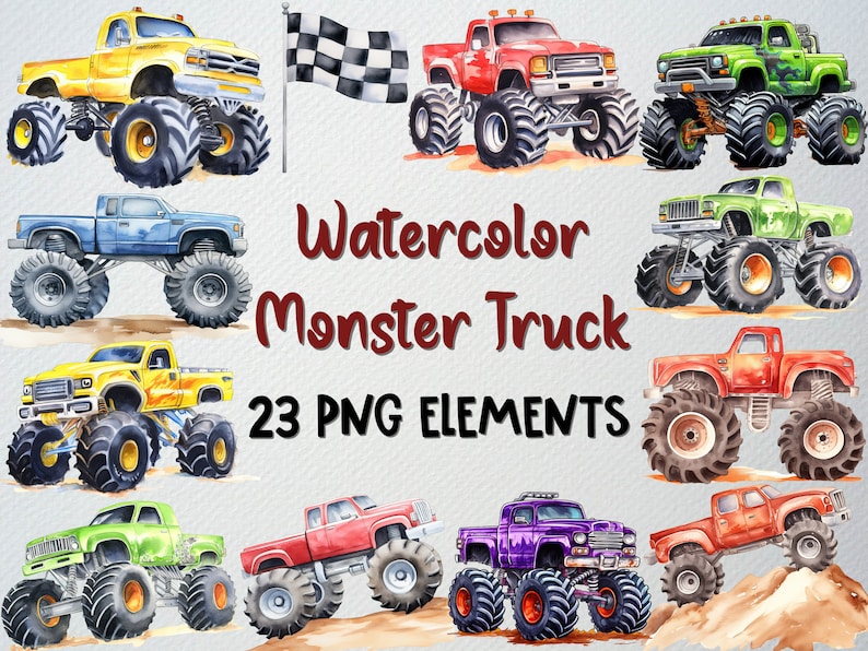 Watercolor Monster Truck Clipart Set: 23 PNG Files - Etsy