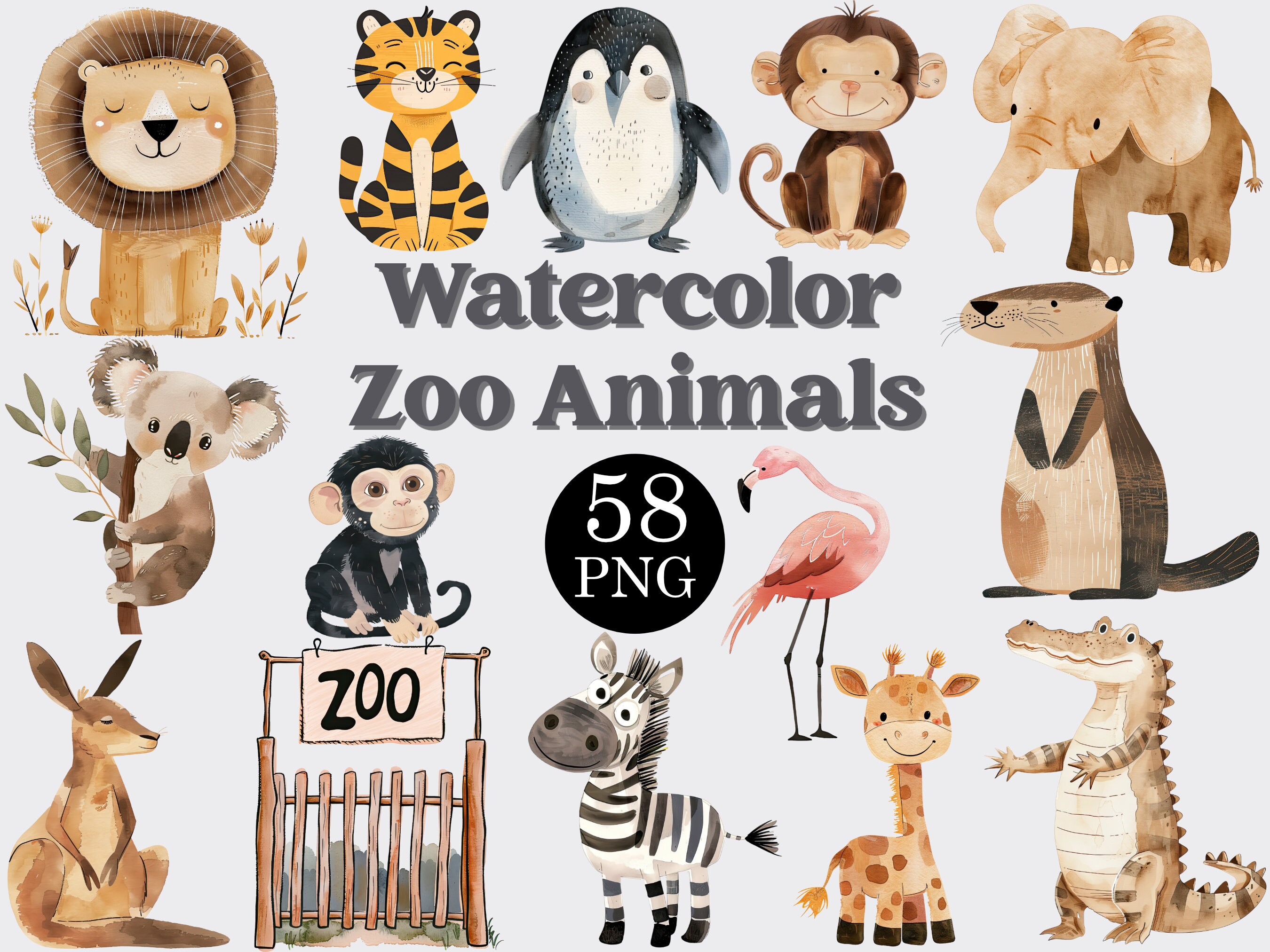 Watercolor Zoo Animals Clipart: Safari Jungle PNG Set (58 Files) - Etsy