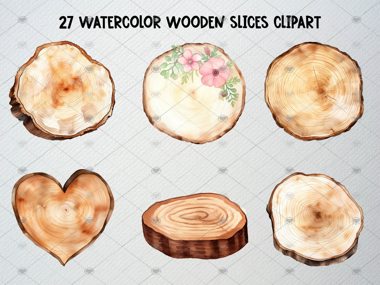 Watercolor Wood Slices Clipart Set: 27 Floral PNG Files (commercial ...