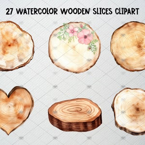 Watercolor Wooden Slices Clipart Set of 27 PNG Files, Floral Wood ...