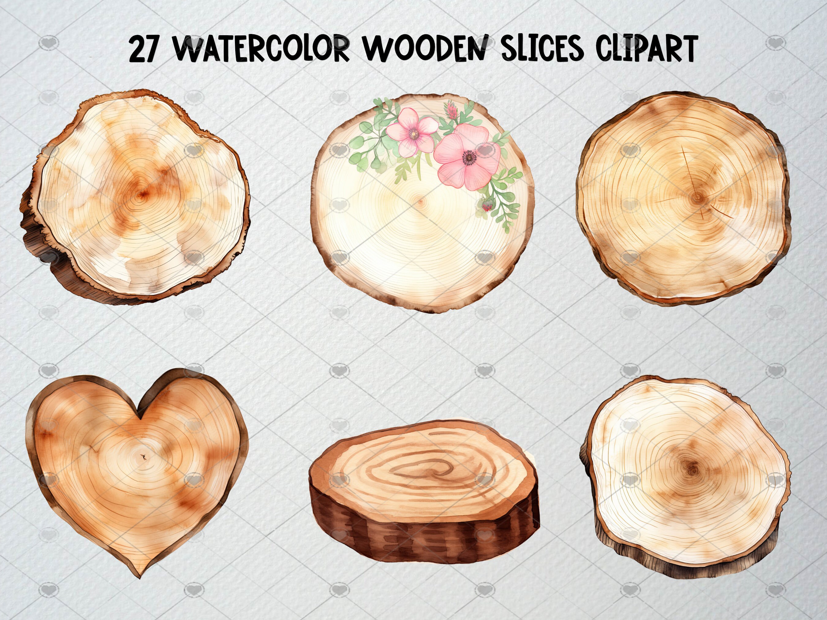 Watercolor Wooden Slices Clipart Set of 27 PNG Files, Floral Wood ...