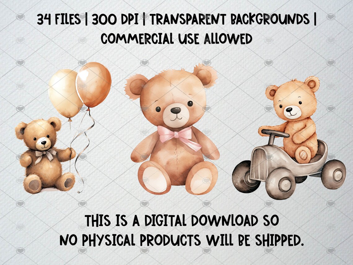 Watercolor Teddy Bear Clipart Set of 34 PNG Files, Cute Teddy Bear ...