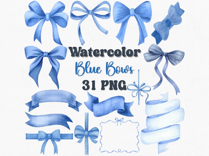 Watercolor Blue Bows Clipart: 31 Hand-painted Pngs (digital Download ...