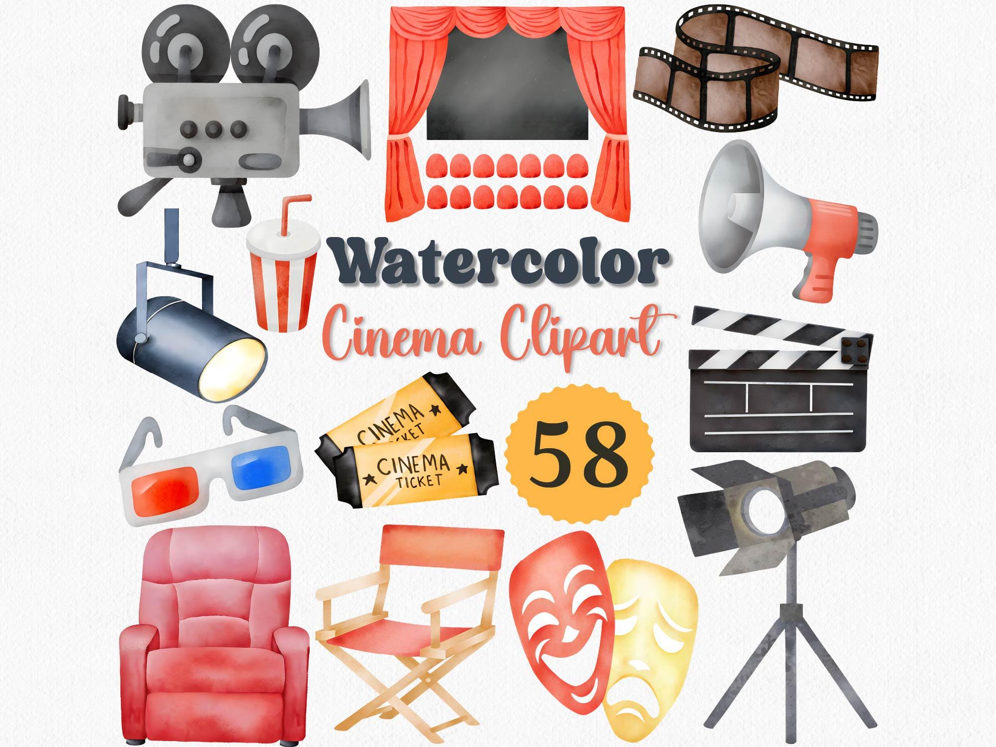 Watercolor Cinema Clipart Set: Movie Night PNG Graphics (digital ...