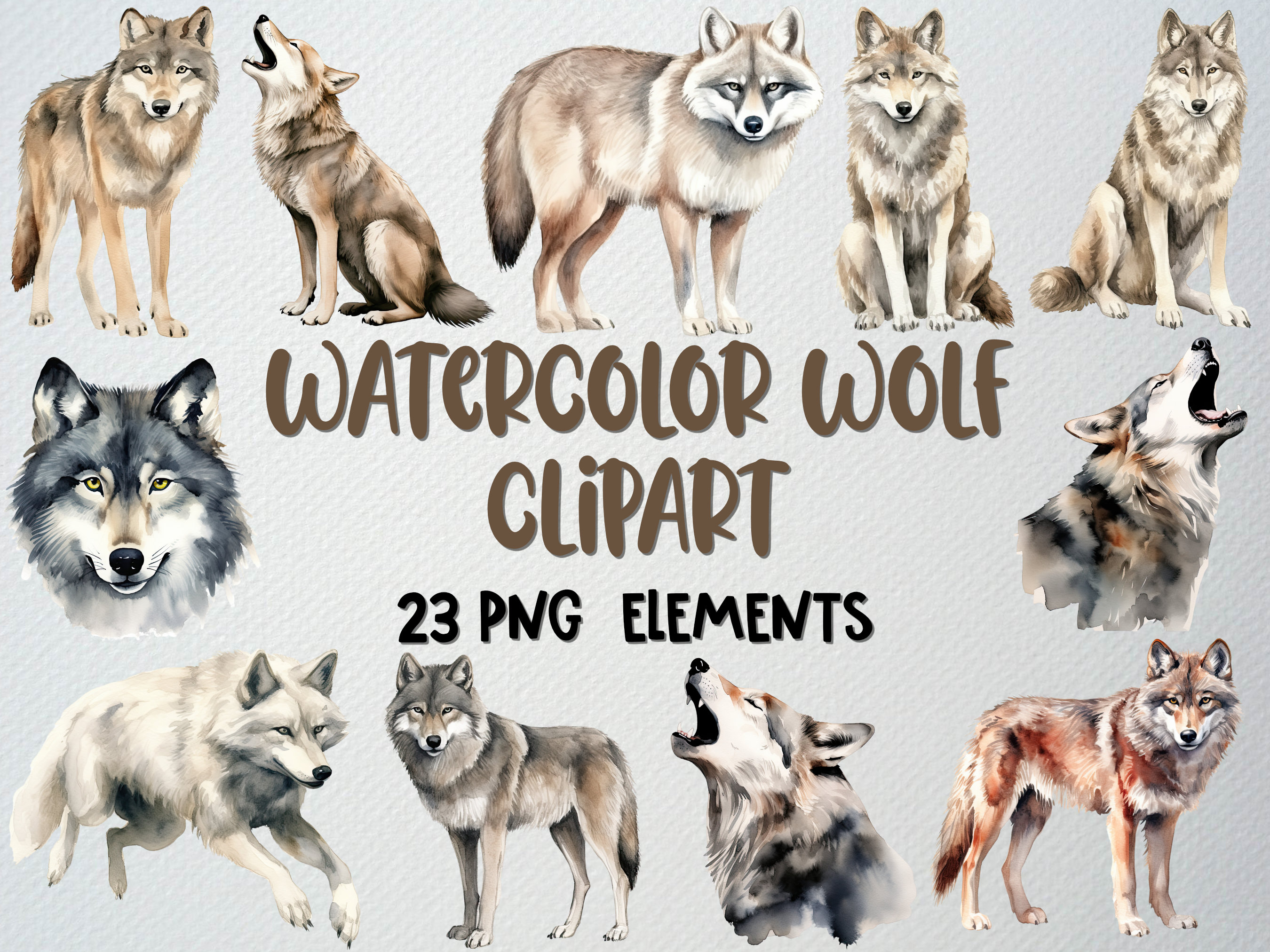 Watercolor Wolf Clipart Set of 23 PNG Files, Wolves Clipart, Cute Wolf ...