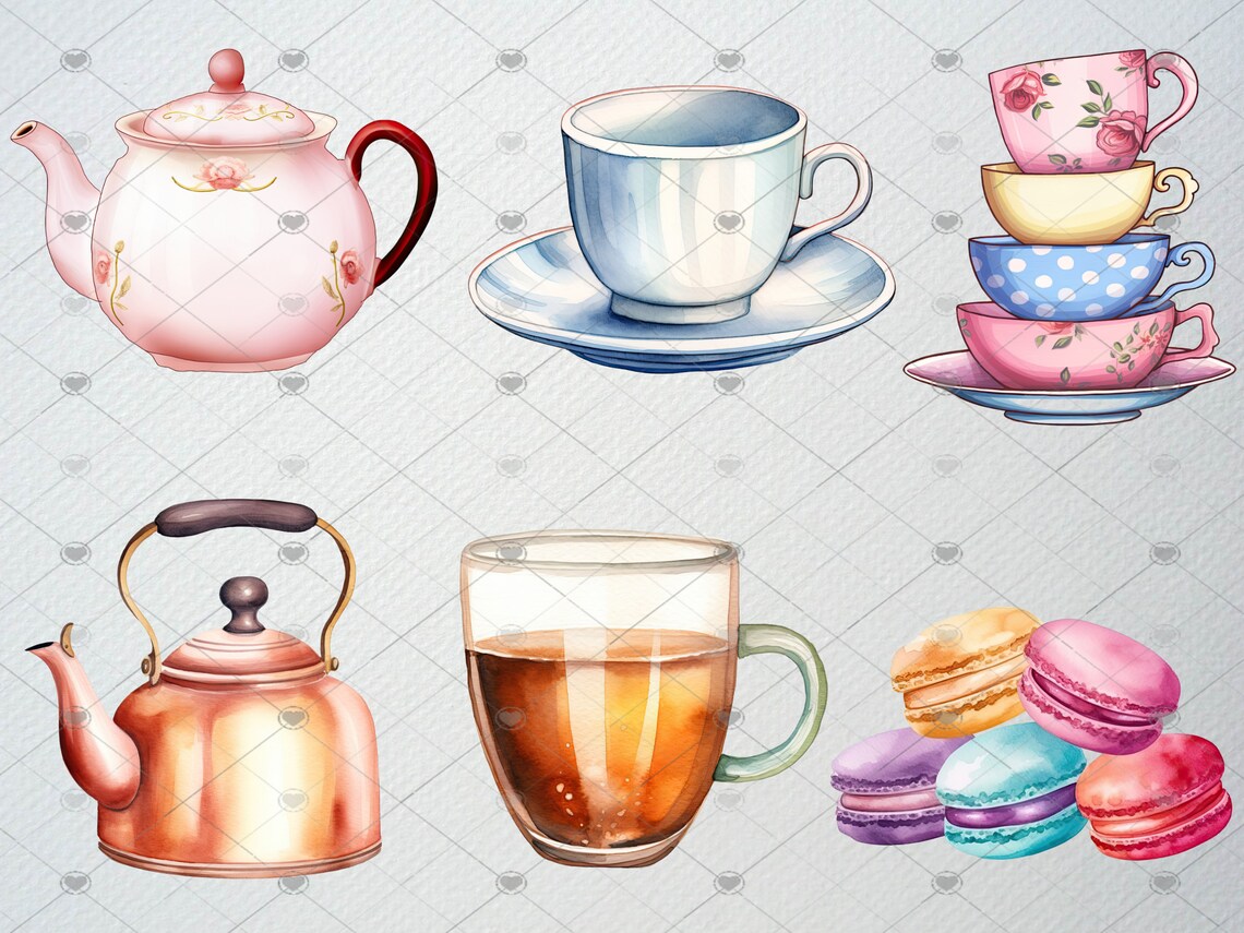 Watercolor Tea Party Clipart Set of 65 PNG Files, Teapot Clipart, Tea ...