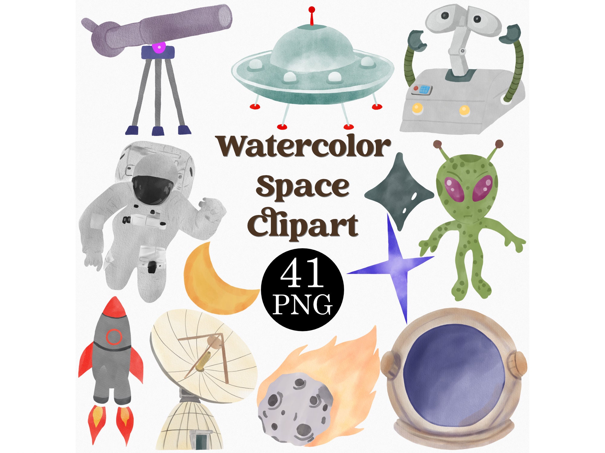 Watercolor Space Clipart, Astronaut Clipart, Rocket Clipart, Outer ...