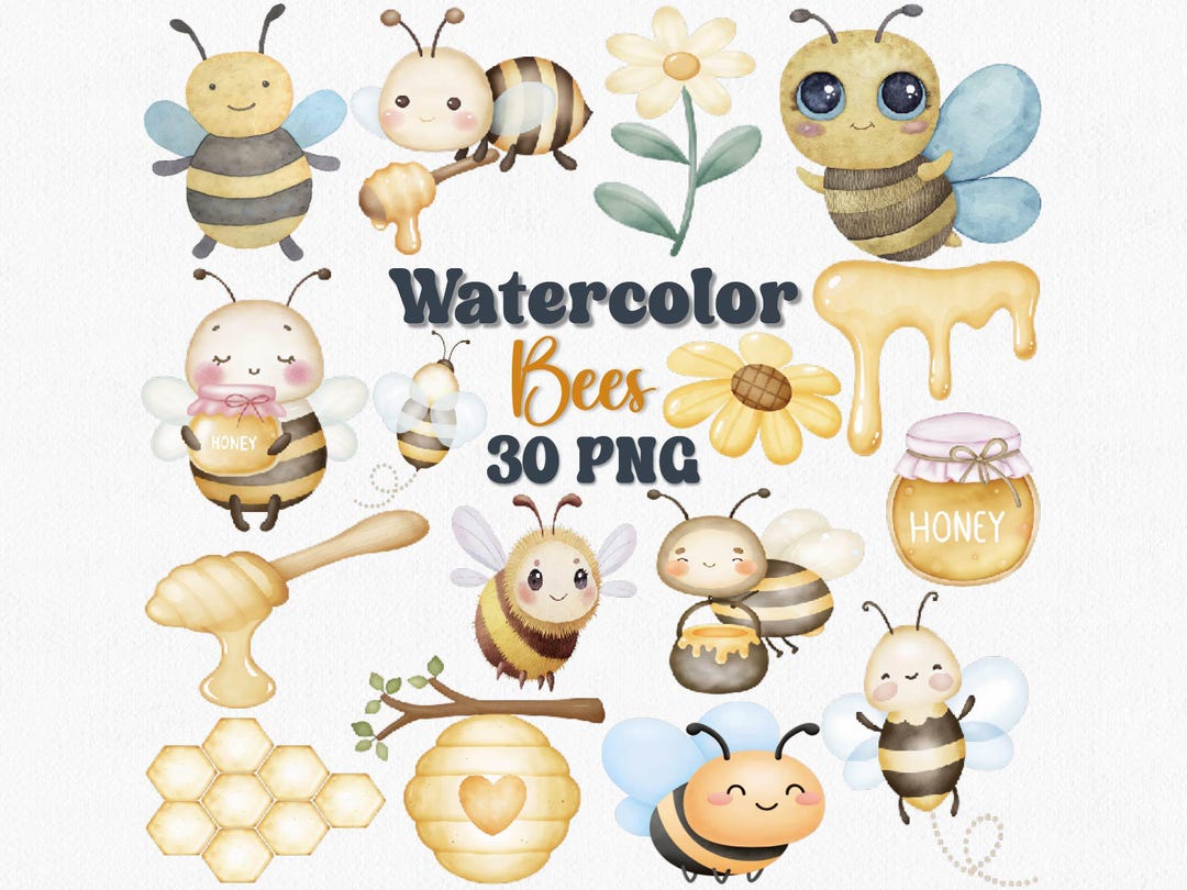 Watercolor Bees Clipart Set, 30 PNG Files, Bee Clipart, Bumblebee ...