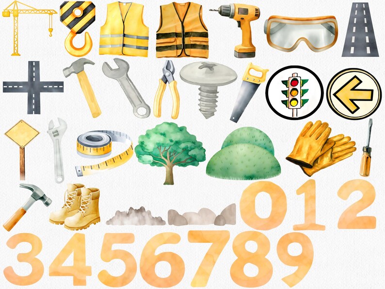 Watercolor Construction Clipart Set: Trucks, Numbers (PNG Digital ...