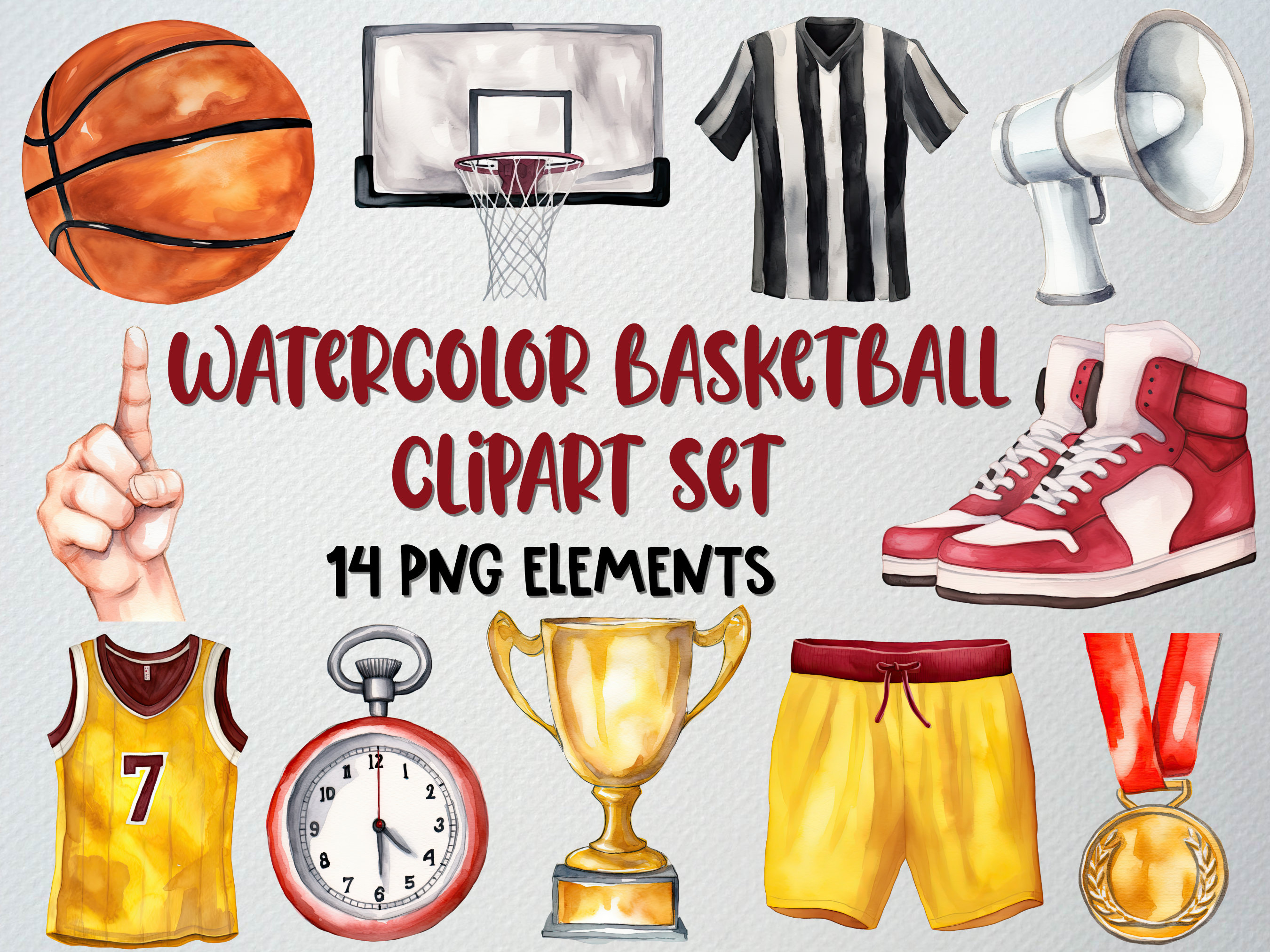 Watercolor Basketball Clipart Set of 14 PNG Files, Sports Clipart ...
