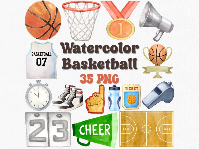 Watercolor Basketball Clipart, Sports PNG , Jerseys, Trophy, Hoop ...