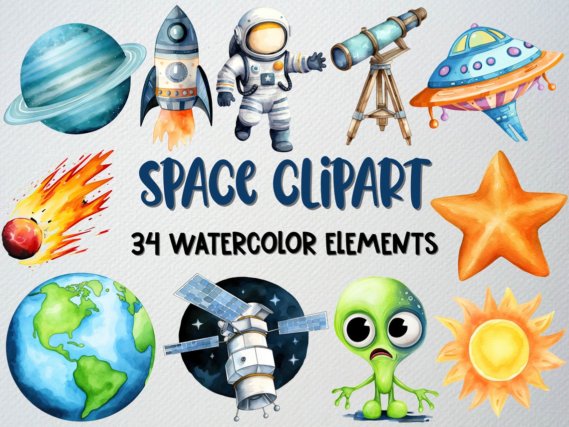 Watercolor Space Clipart Set of 34 PNG Files, Alien Clip Art, Moon ...