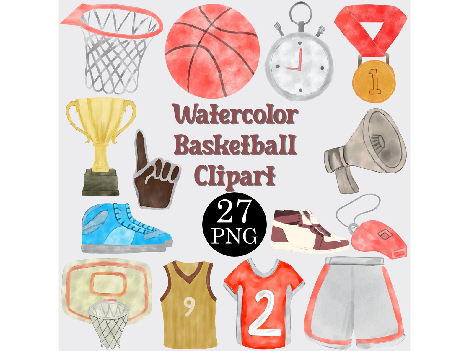 Watercolor Basketball Clipart Set of 27 PNG Files, Sports Clipart ...