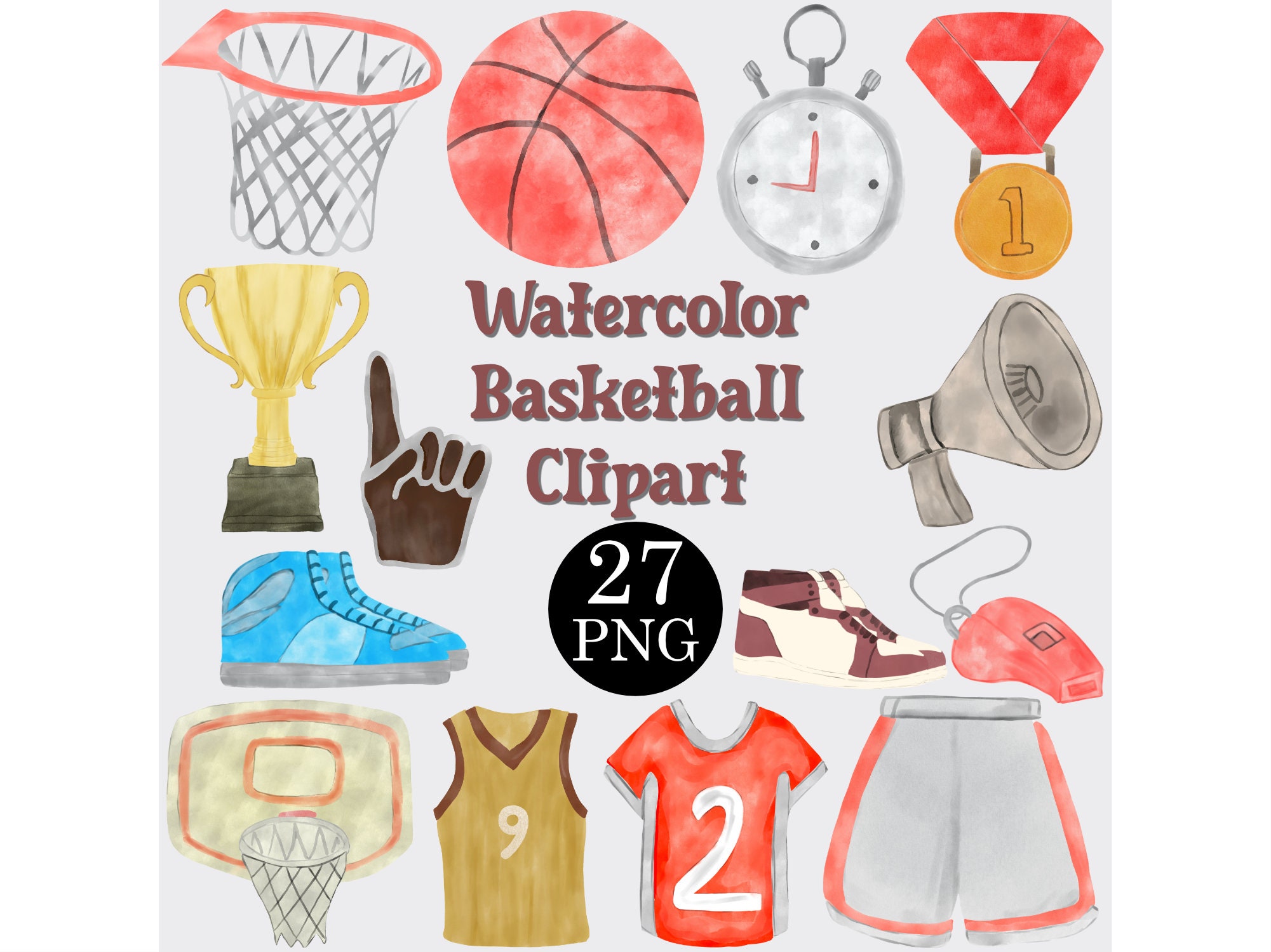 Watercolor Basketball Clipart Set of 27 PNG Files, Sports Clipart ...