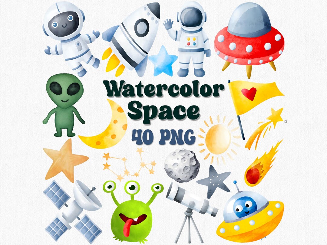 Watercolor Space Clipart Set - Astronaut, Galaxy, UFO, Rocket, Moon ...