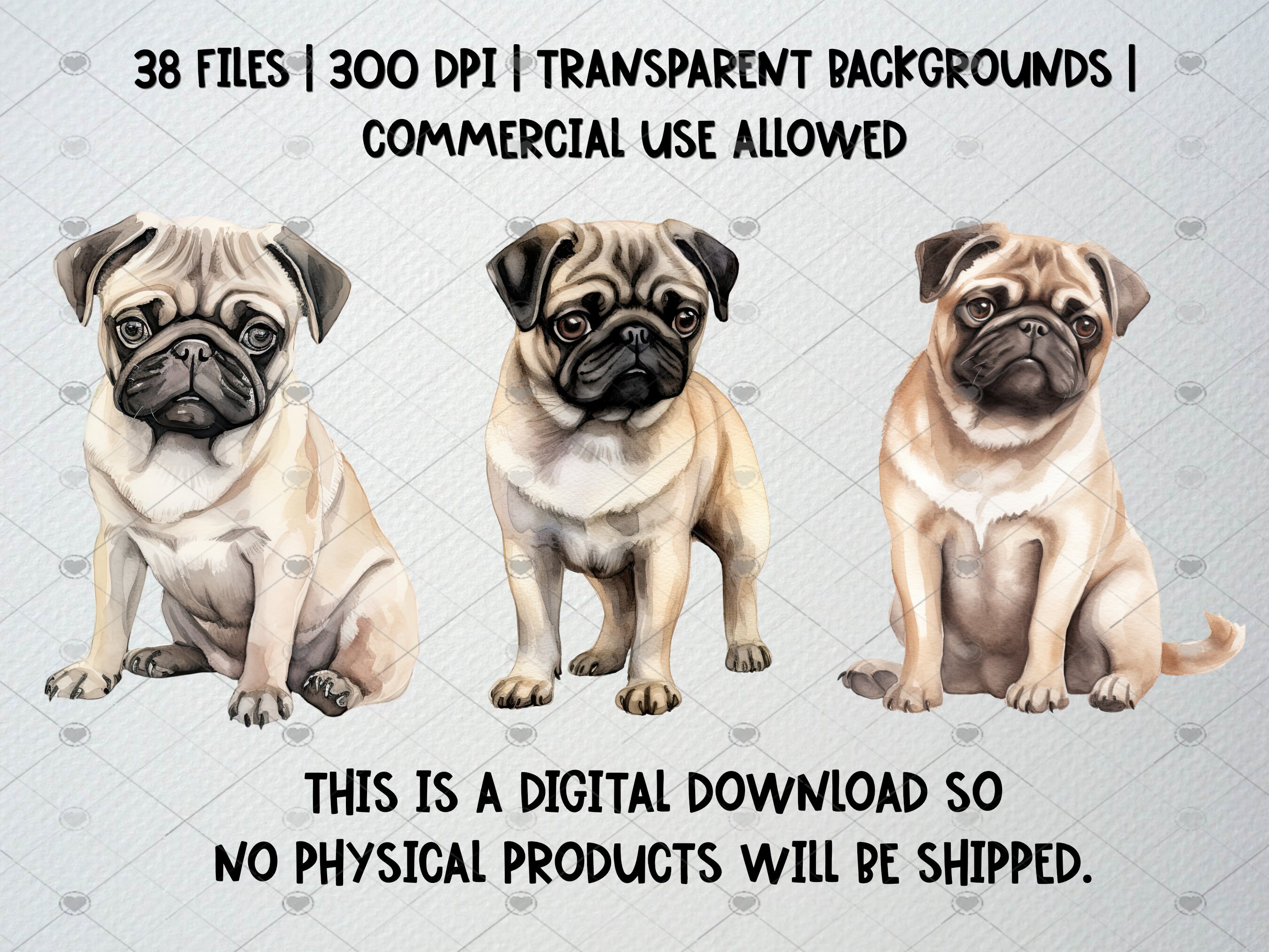 Watercolor Pug Clipart Set of 38 PNG Files, Pet Dog Clipart, Cute Pug ...